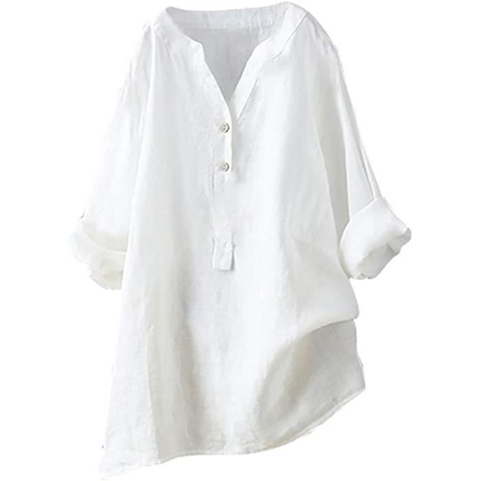 Blouse en Lin Femme Oversize Manches Longues en Vrac Blouse en Lin Col ...