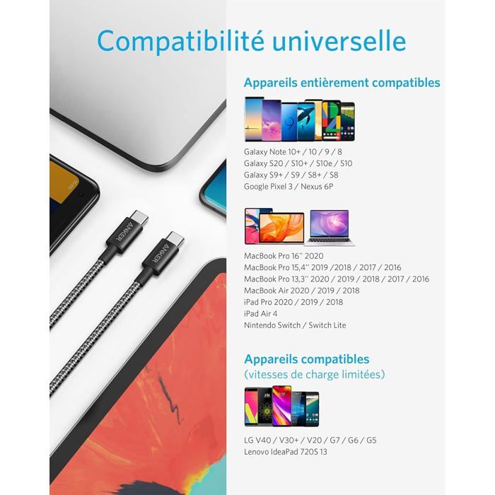 Câble USB-C vers USB-C-KAL-3M 100W Charge Rapide Pour iPhone 15-16 Pro ...