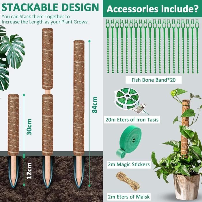 5 Pièces Tuteur Monstera, 42cm Tuteur Coco avec Bande Velcro, Serre ...