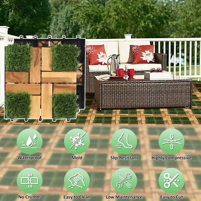 Yaskilosiu Lot de 33 Dalles de terrasse en bois avec gazon synthétique 3 m² 30 x 30 cm, Dalles ...