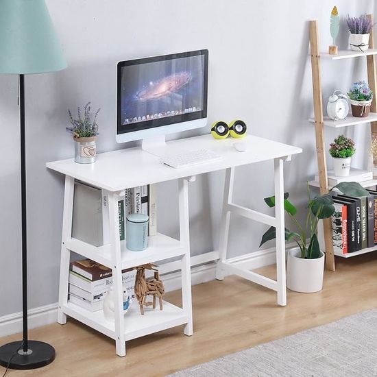 Zuorior Bureau avec 2 étagères blanc table de bureau contemporain blanc ...