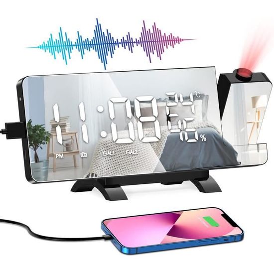 Radio Réveil Numérique, Reveil Projecteur Plafond Avec Miroir Led Écran ...