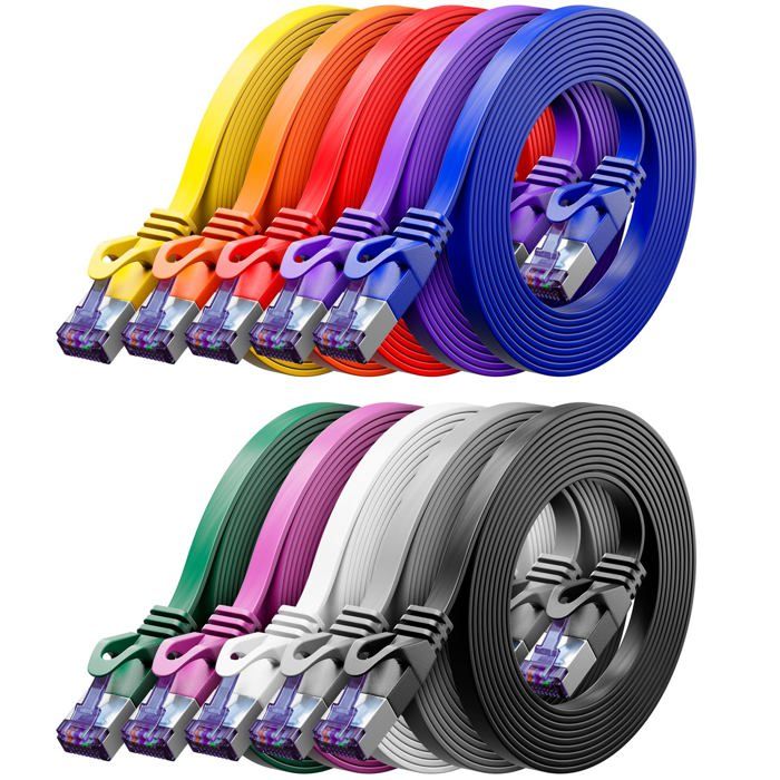 DeleyCON 10x 1m Flat CAT7 Network Cable (CAT 7 with 10Gbps) Gigabit LAN - RJ45 Ethernet Short ...