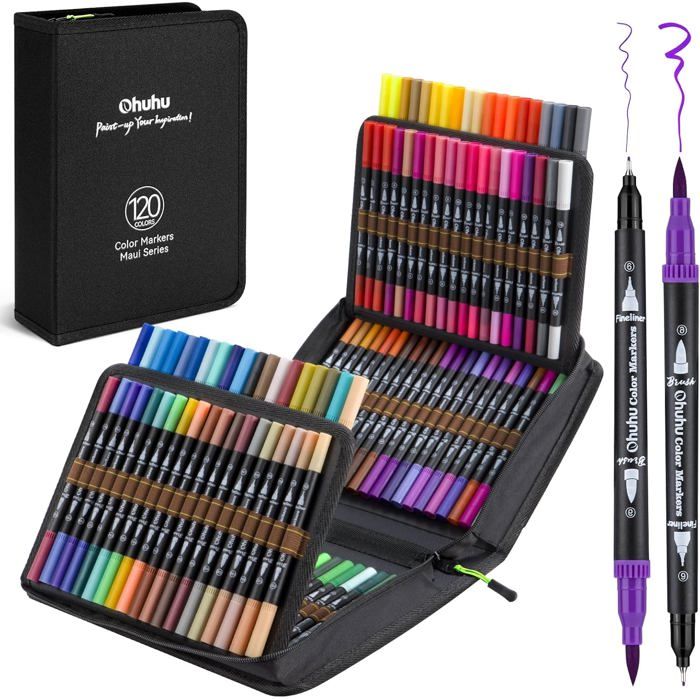 Feutres aquarelle double pointe - ZOKKO - 120 couleurs - Pointe fine 0 ...