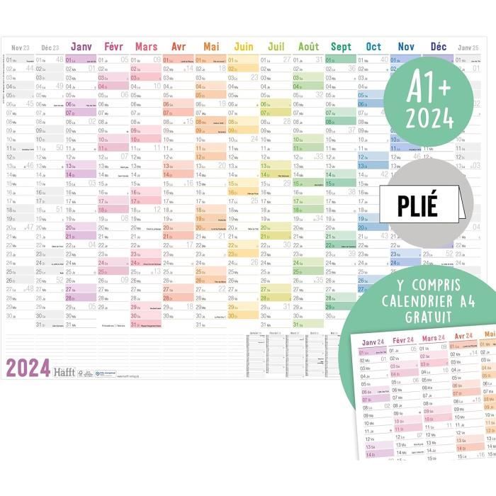 Calendrier Mural Xxl 2024 A1+ De Papier En Français (89X63 Cm) [Rainbow ...