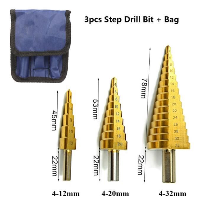 3pcs 4-12 20 32 Bag -Foret étagé à cannelure spirale métrique,en forme de pagode,4 12-20-32mm ...