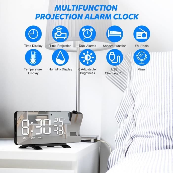 Radio Réveil Numérique, Reveil Projecteur Plafond Avec Miroir Led Écran ...