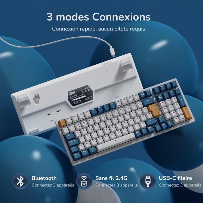 RK ROYAL KLUDGE RK98 Clavier de Jeu Mécanique, AZERTY Triple Mode 2 ...