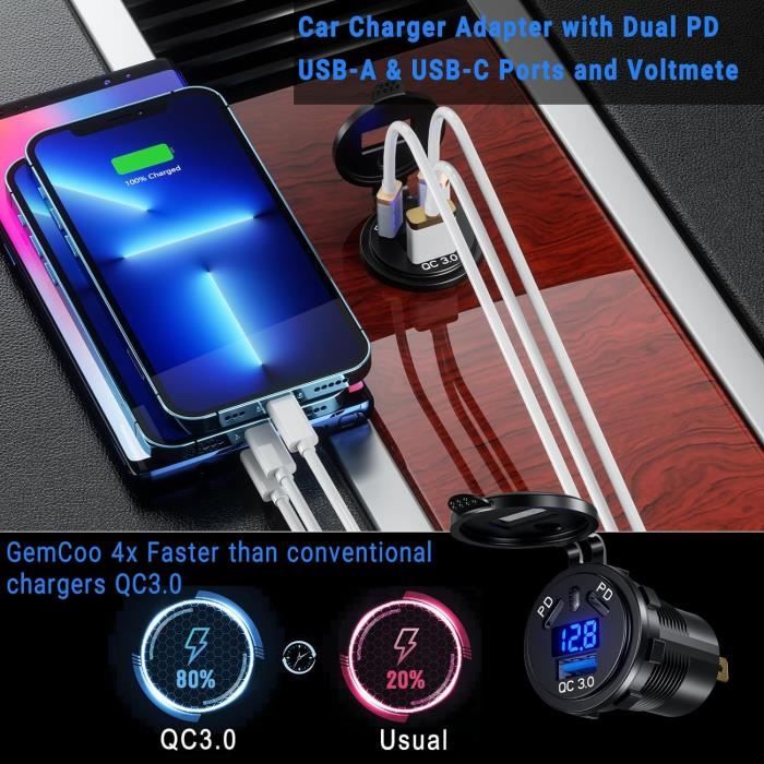 108W Double PD3.0 Prise USB 12V Voiture USB Adaptateur, Double 45W PD Type C & 18W QC3.0 Prise ...