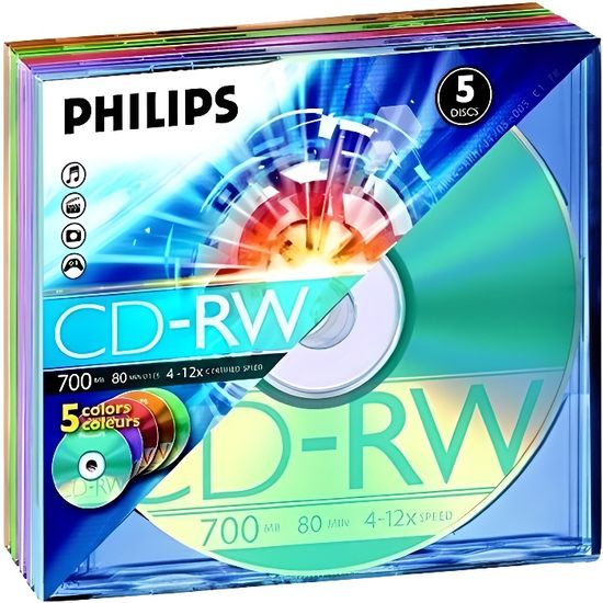 Philips - Pack CD-RW - 700 Mo - 4-12x - 5 pièces en Jewel Cases ...