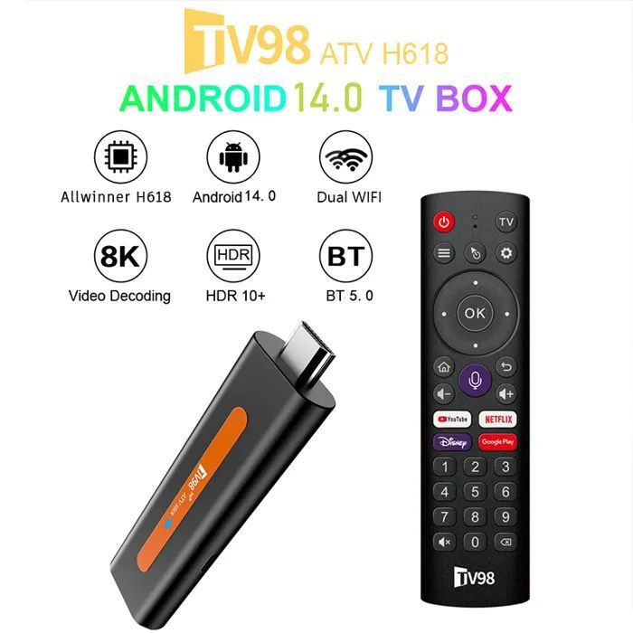 TV Box Stick TV98, Boîte TV Android 14.0 H618 HDR 10+ 2G + 16G 8K Ultra ...