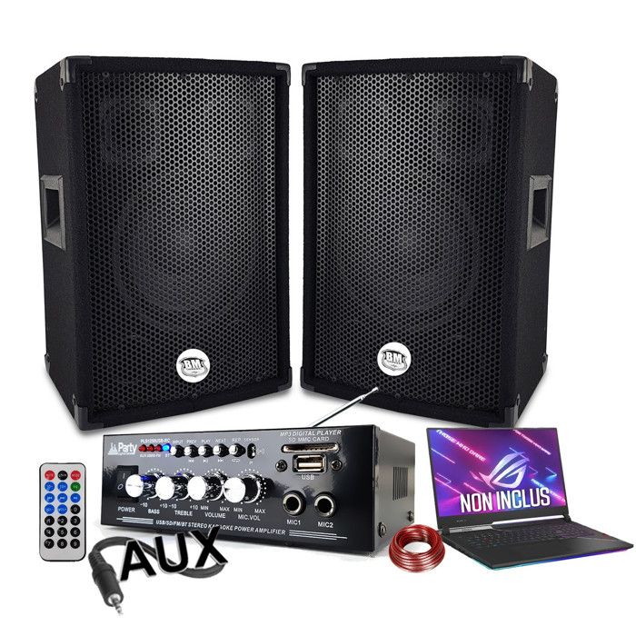 Pack sono 600W, AMPLI USB BLUETOOTH + 2 ENCEINTES 300W + DIVERS CÂBLES ...