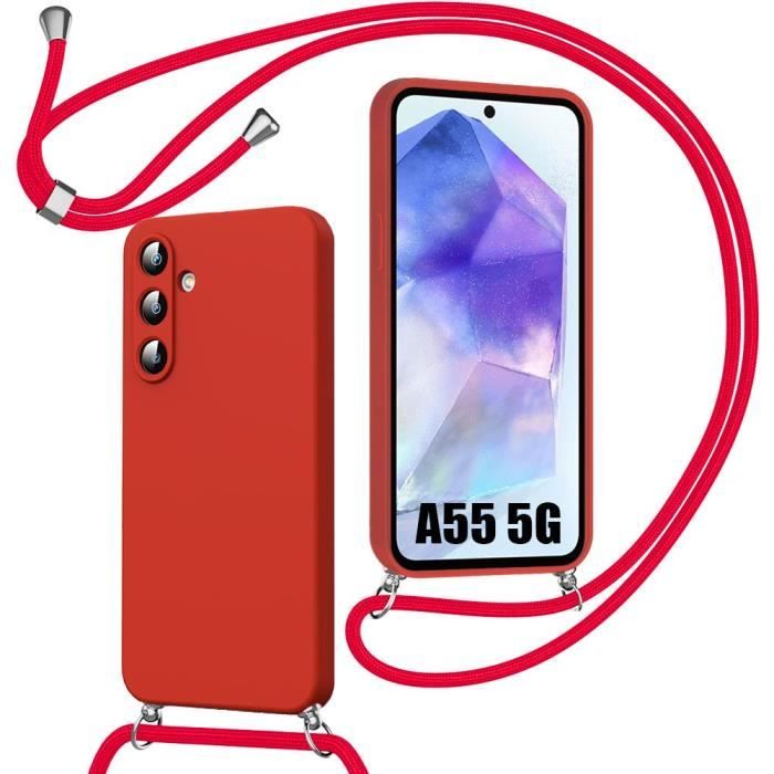 Coque - Samsung - Galaxy A55 5G - Antichoc - Silicone Souple - Cordon Ajustable Rouge ...