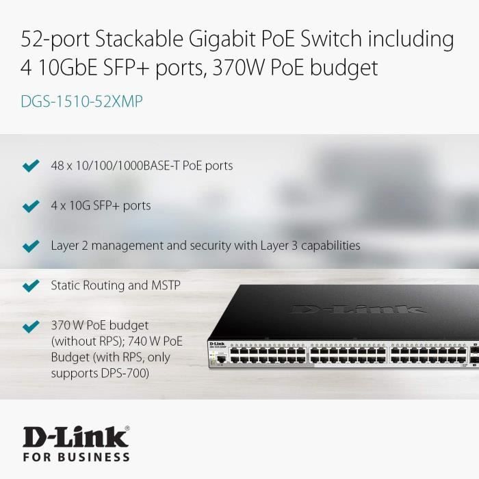 Switch D-Link DGS-1510-52XMP SmartPro 48 ports Gigabit PoE + 4 ports 10 ...