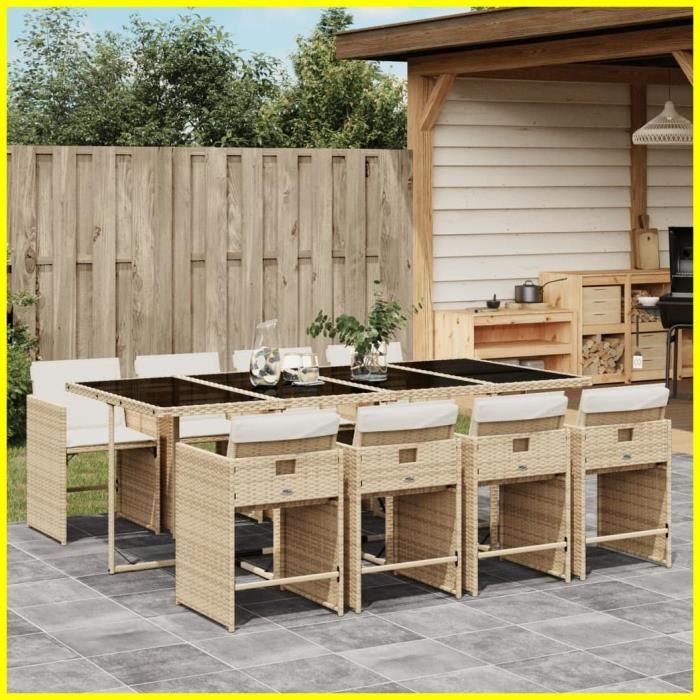 DXBK Ensemble à manger de jardin et coussins 9 pcs beige Poly rotin ...