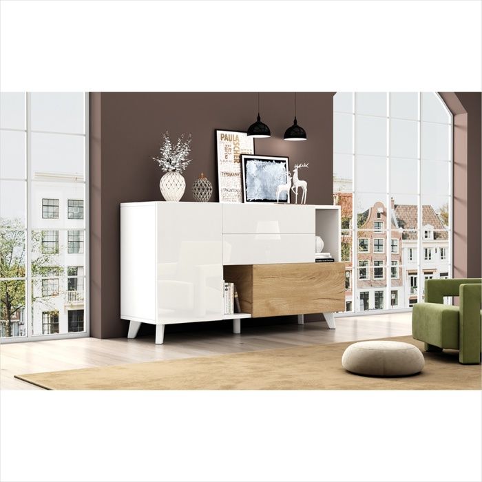 Buffet design scandinave blanc brillant et chêne clair avec tiroirs et ...