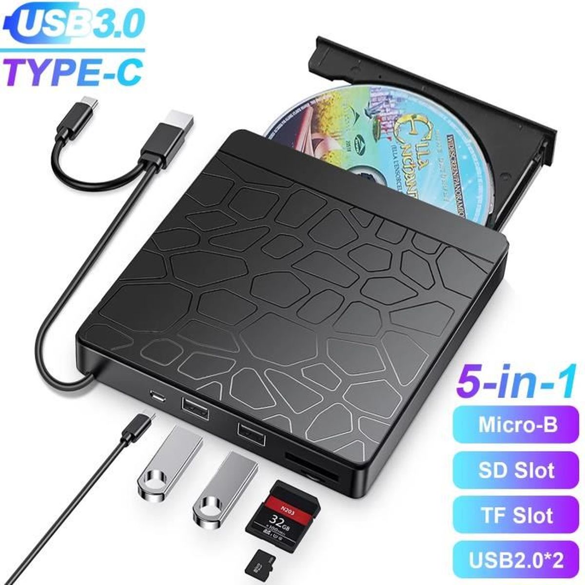 Lecteur CD DVD Externe, Graveur de DVD Externes USB 3.0 avec Lecteur de Carte SD TF et Port pour ...
