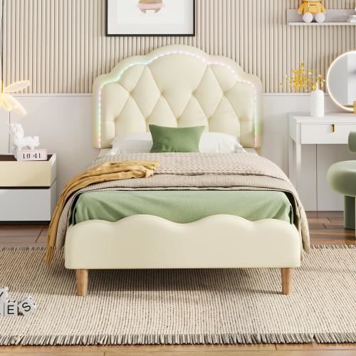 Lit Enfant Simple Capitonné Tête De Lit En Forme De Vague Avec Bandes Led Multicolores