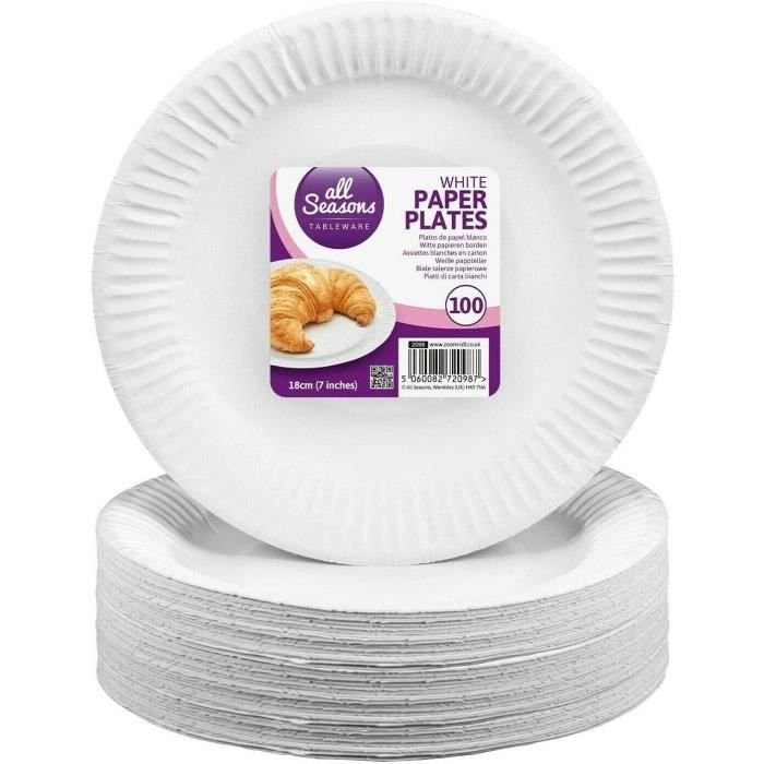 Lot De 100 Assiettes Jetables En Carton Blanc De 17,8 Cm, Parfaites ...