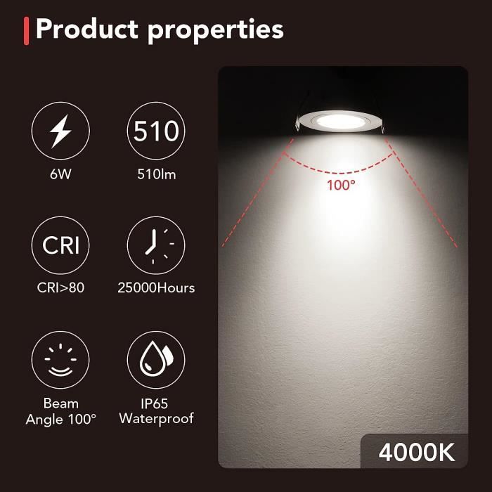 Spot Led Encastrable Dimmable 4000K Ip65 Spots Encastrables Extra Plat 230V 6W 510Lm Plafonnier ...