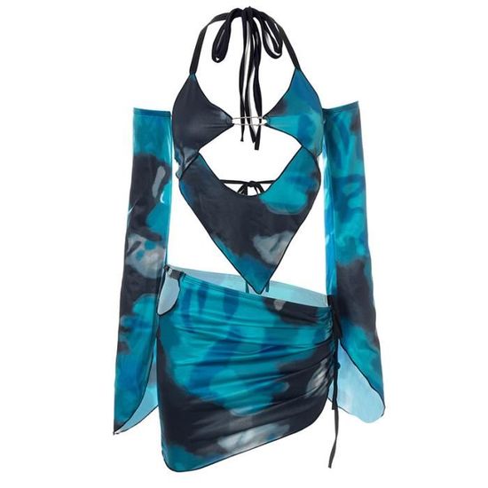 Jupe,ensemble deux pièces Sexy, dos nu, haut court, Mini jupe, tenue de Club, Rave, vêtements de ...