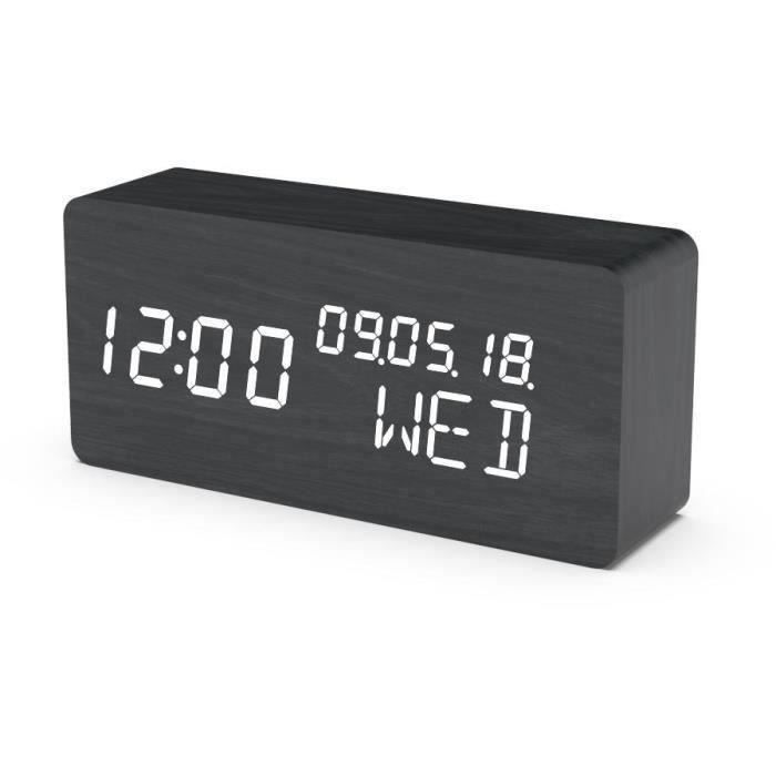 Réveil 4 en 1 - EVOOM - WOOD - Noir - Horloge, Thermomètre, Calendrier ...