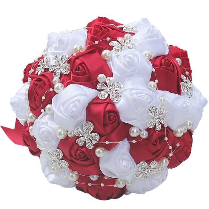 Fleur artificielle,Bouquet de mariée couleur crème en strass avec ruban ...