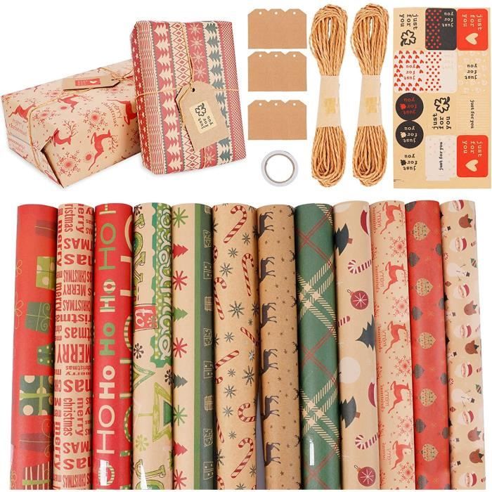 Papier Cadeau Noël, 12 Feuilles Papier d'emballage de Noël Kraft ...