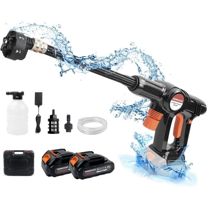 WORKEASE Nettoyeur haute pression portable sans fil 21 V avec batteries 2,0 Ah, buse 6 en 1 ...