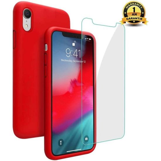Coque iphone XR Rouge, Silicone Liquide Housse avec Ecran Verre Trempé ...