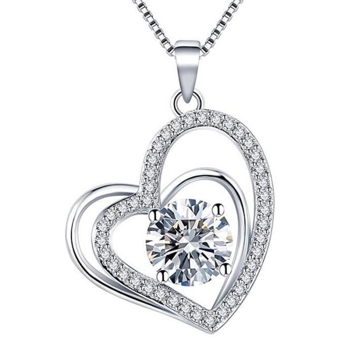 Collier Femme - SANSI - Double Coeur en Zircon - Argenté - Cadeau Saint ...
