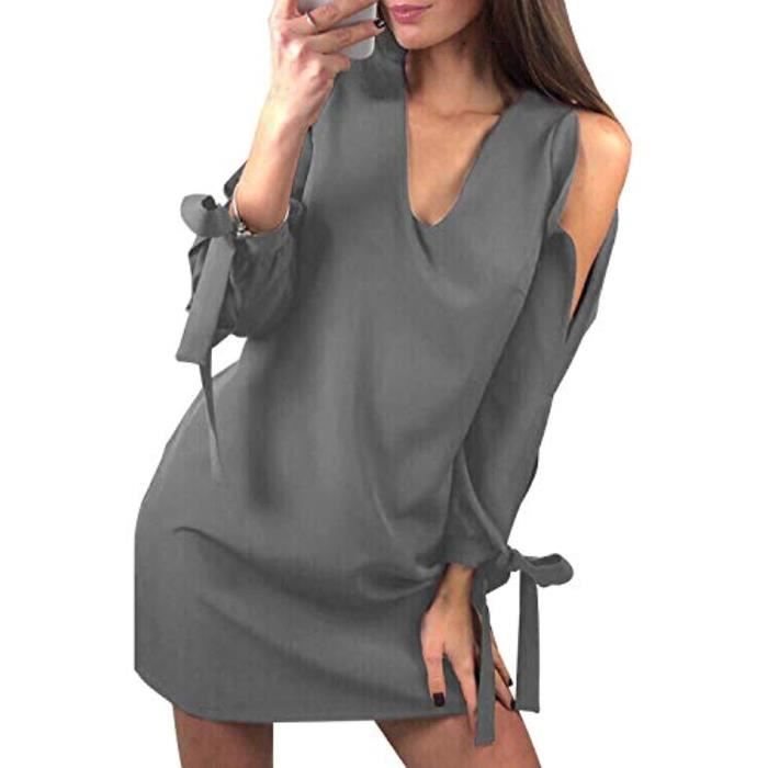 Robe Q64PH YOIN Long leeve Button Dre col en V en mousseline de soie ...