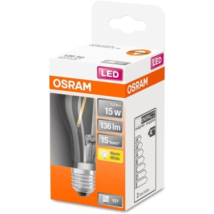 OSRAM LED Star ampoule LED à filament clair, culot E27, blanc chaud (2700K), forme d'ampoule ...