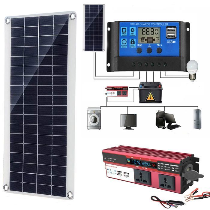 Panneau Solaire Kit Complet, Panneau Solaire 30W + Onduleur Solaire 500W + Contrôleur Solaire ...