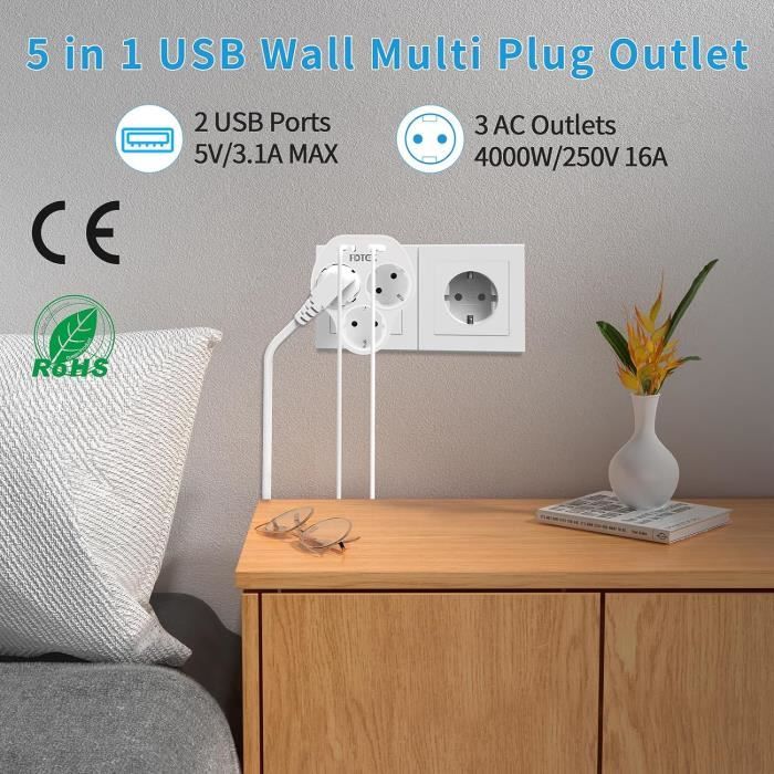 Multiprise Murale, Multiprise Electrique avec 3 Prises et 2 USB 4000W ...