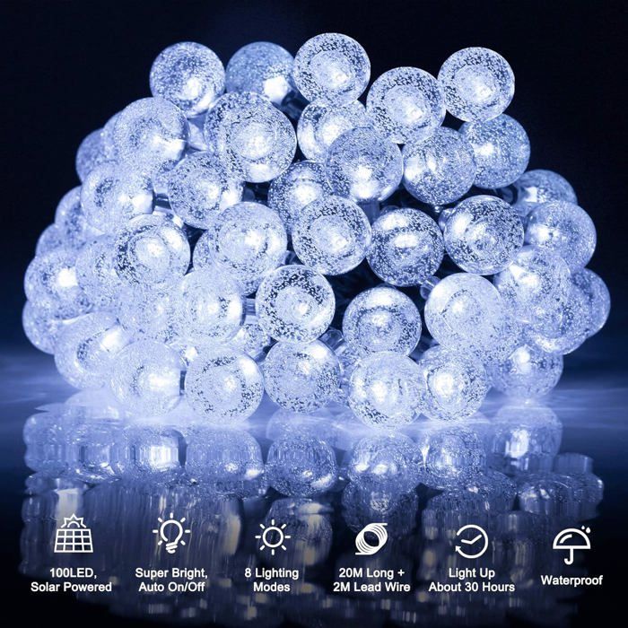 Guirlande Guinguette Lumineuse Solaire 20M 100 LED Cristal Boules ...