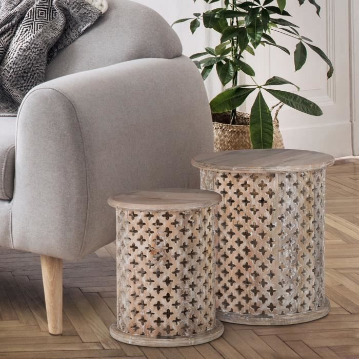 WOMO-DESIGN Set 2x Table Basse Orientale Amsterdam Ronde Gris Bois ...