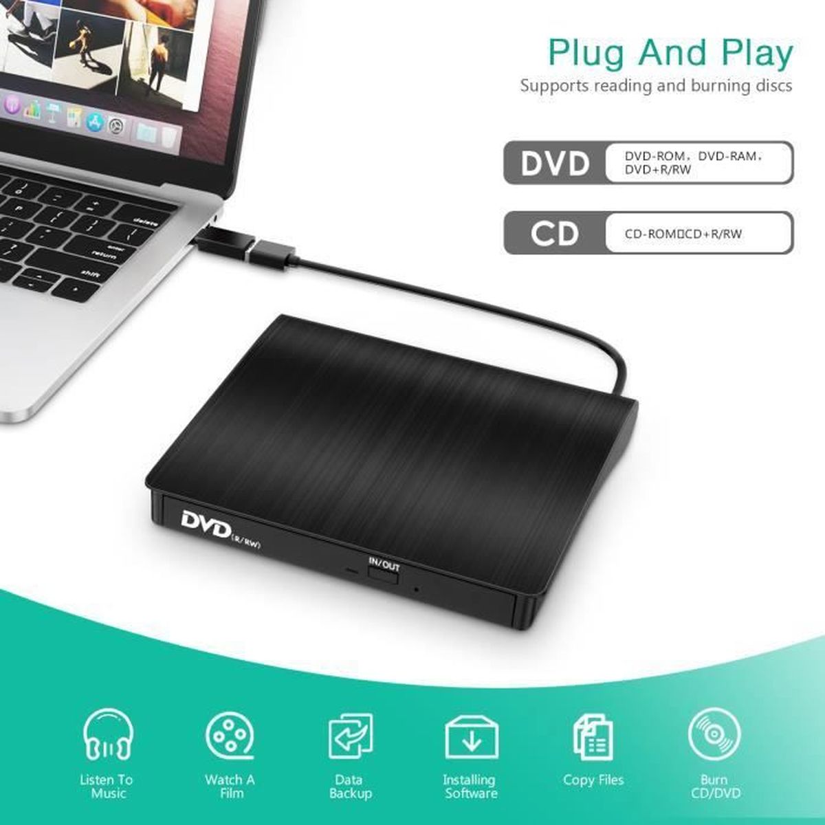 Lecteur CD DVD Externe USB 3.0 &Type-C, Graveur CD DVD Externe CD/DVD ...
