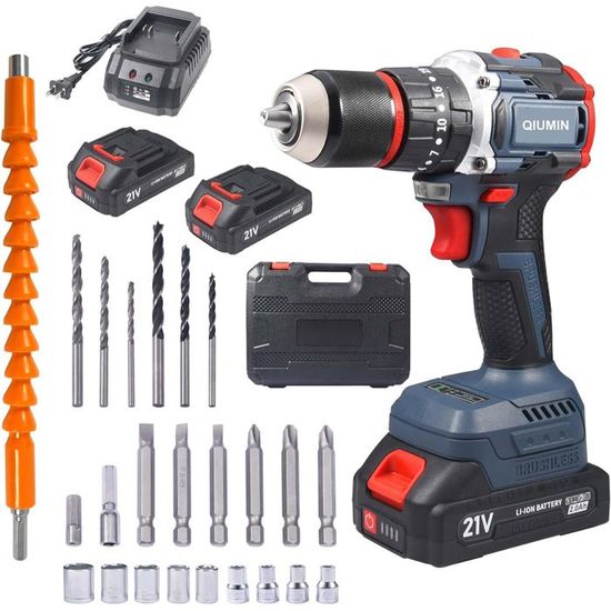 Brushless Perceuse Visseuse Percussion Sans Fil 21V,Perceuse Sans Fil Avec 2 Batteries 2000 Mah ...