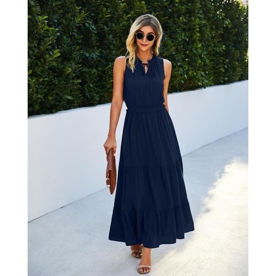 Robe Longue Femme Robe Col en V de style vacances décontractée Casual ...