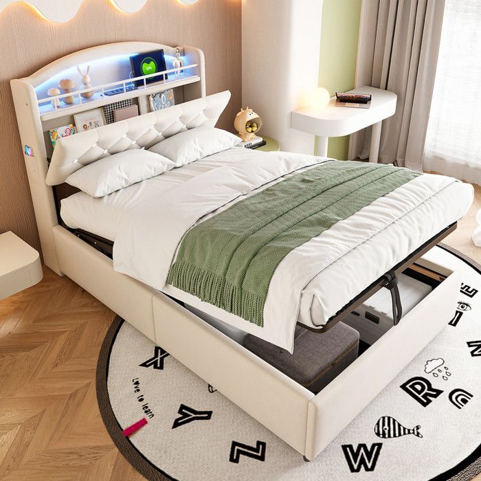 Lit simple enfant 90x200 cm avec LED et USB, Cadre de lit coffre avec ...