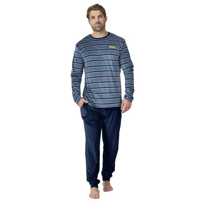 Pyjama homme manches longues col rond en velours MU3-Rayures bleu ...