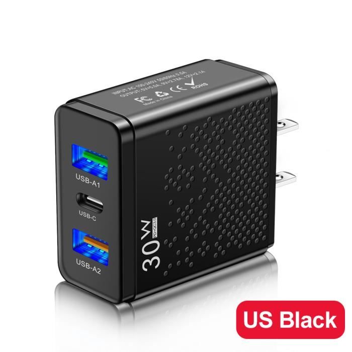 Double USB US-Noir-Chargeur USB type-c 30W PD qc 3.0, charge rapide pour téléphone portable ...