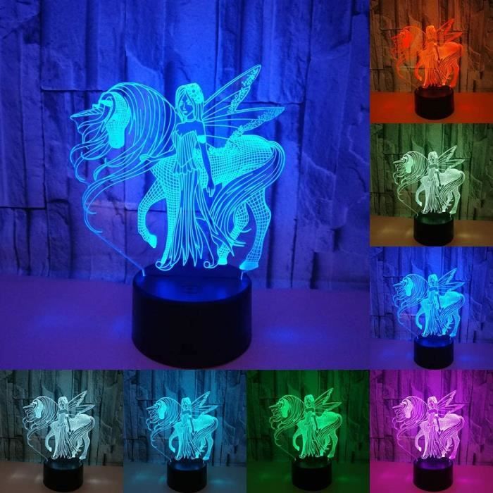 3D Veilleuse LED Avoir Des Ailes Licorne Et fille 7 Couleur LED Nuit ...
