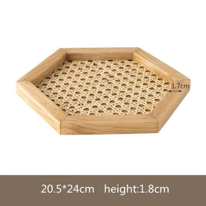 HA21595-Plateau de rangement en bois tissé en rotin. assiette de ...