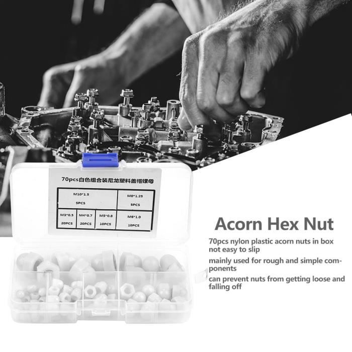 SUC-écrou borgne à dme 70pcs M3/M4/M5/M6/M8/M10 Kit d'écrou borgne en nylon crous hexagonaux à ...