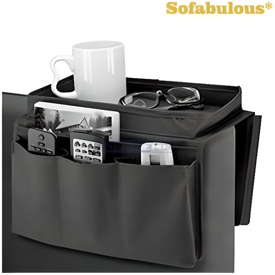 Organisateur de canapé - Sofabulous - Plateau accoudoir - Noir - Matériaux flexibles - 6 poches ...