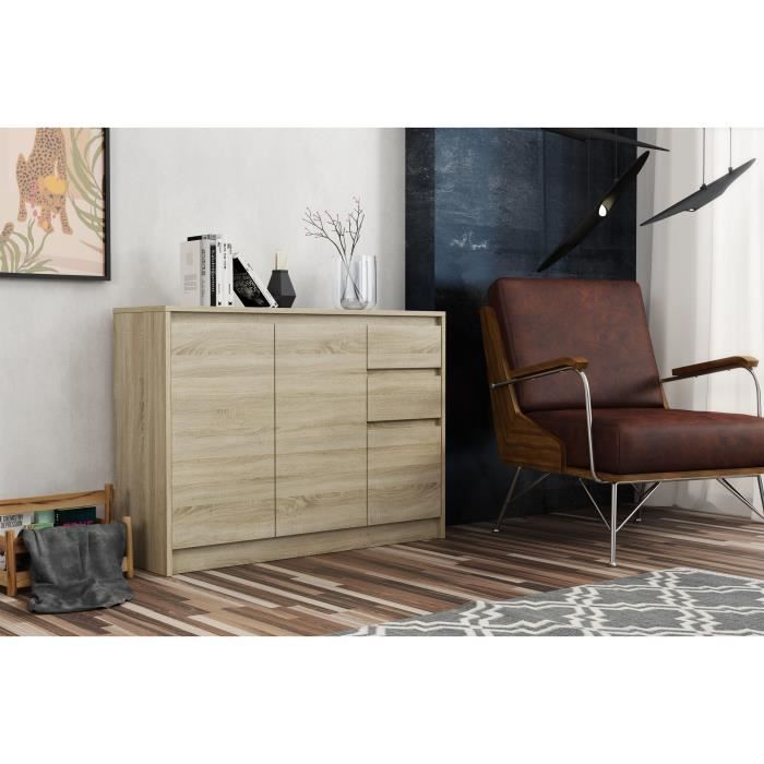 Commode avec 3 tiroirs et 2 portes, Chêne Sonoma, L: 113cm, H: 82cm, P ...