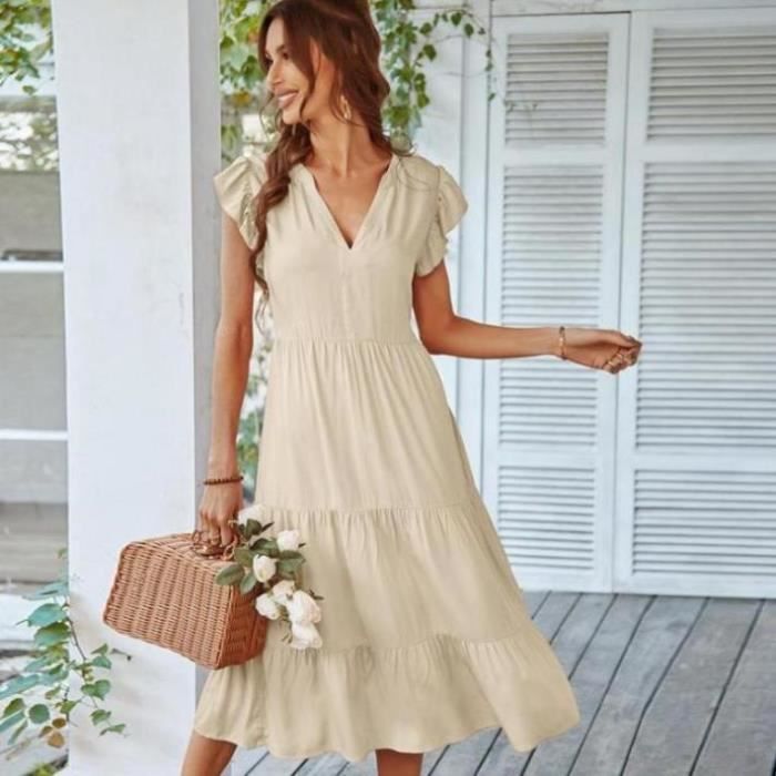 Robe femme chic et elegant Vacances à la plage Col en V Sexy - Beige MR ...
