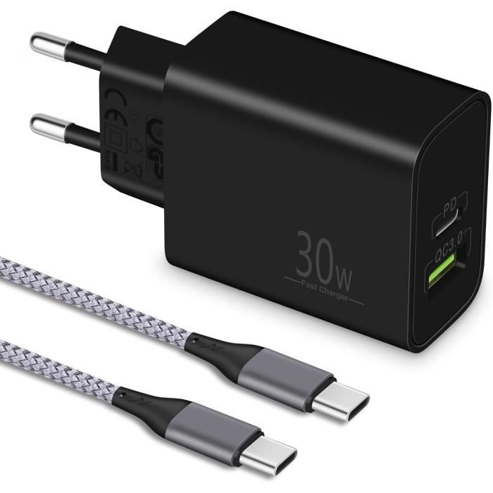 Chargeur Usb C 30W Et Câble Type C 2M, Prise 2 Ports Avec Pd3.0-Qc3 ...